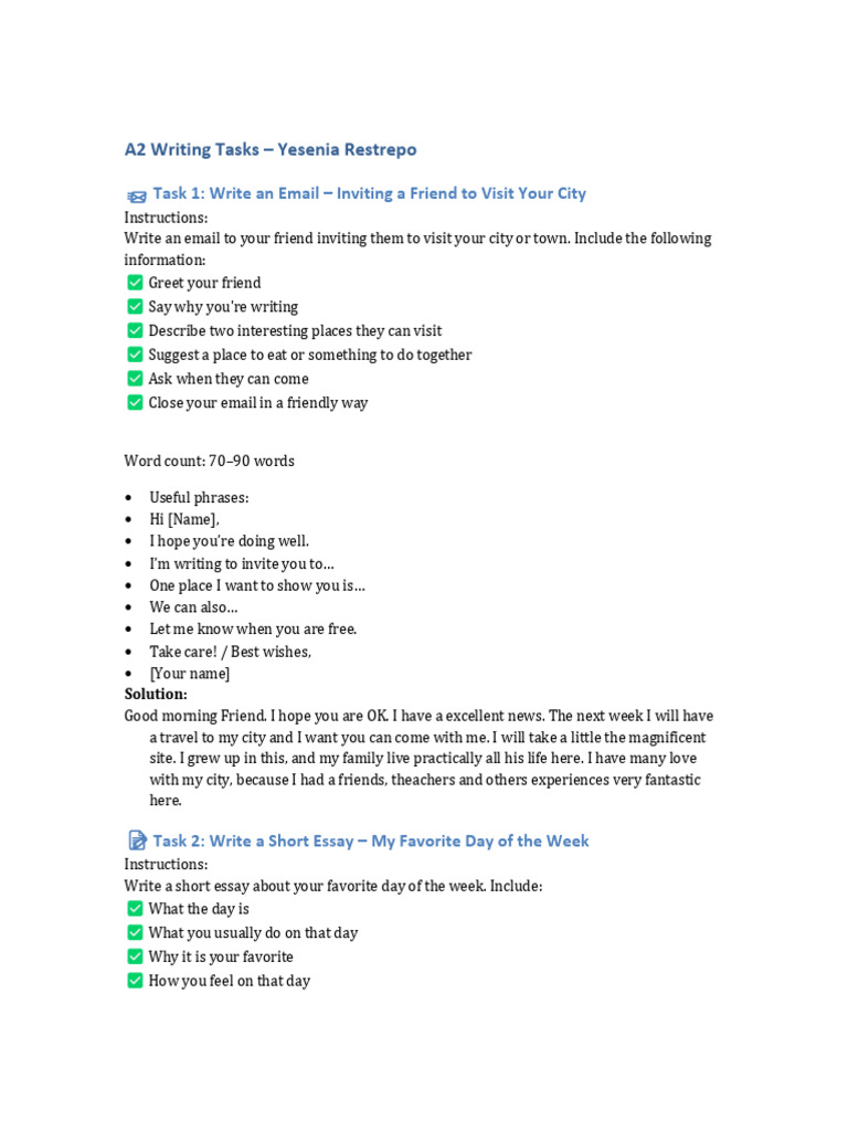 A2 Writing Tasks | PDF