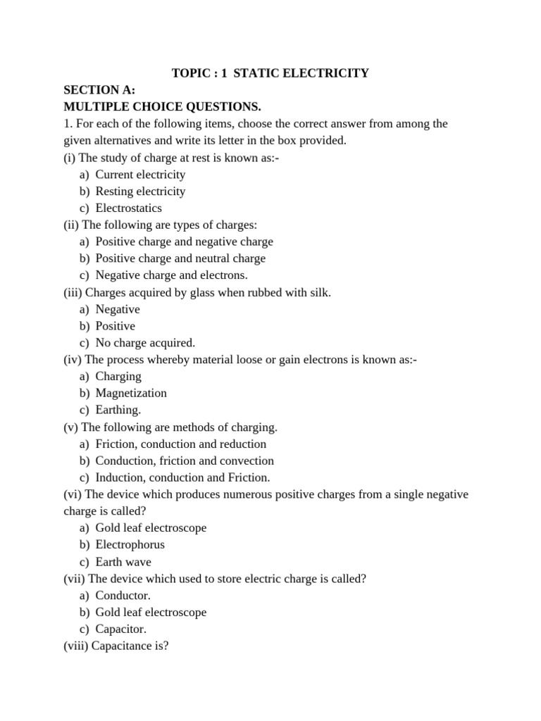 Static Electricity and Renewable Energy Quiz | PDF | Capacitor ...