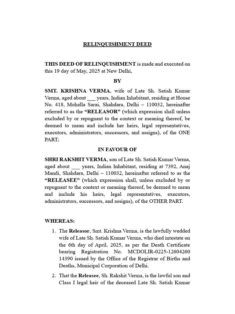 Relinquishment Deed | PDF | Indemnity | Property