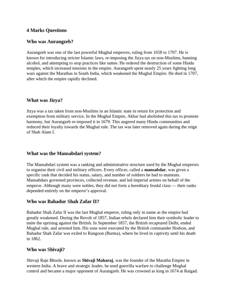 4 Marks Questions Handouts | PDF | Indian Rebellion Of 1857 | Mughal Empire