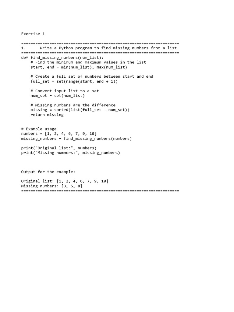 Ex1 - Python Program To Find Missing Numbers From A List. | PDF