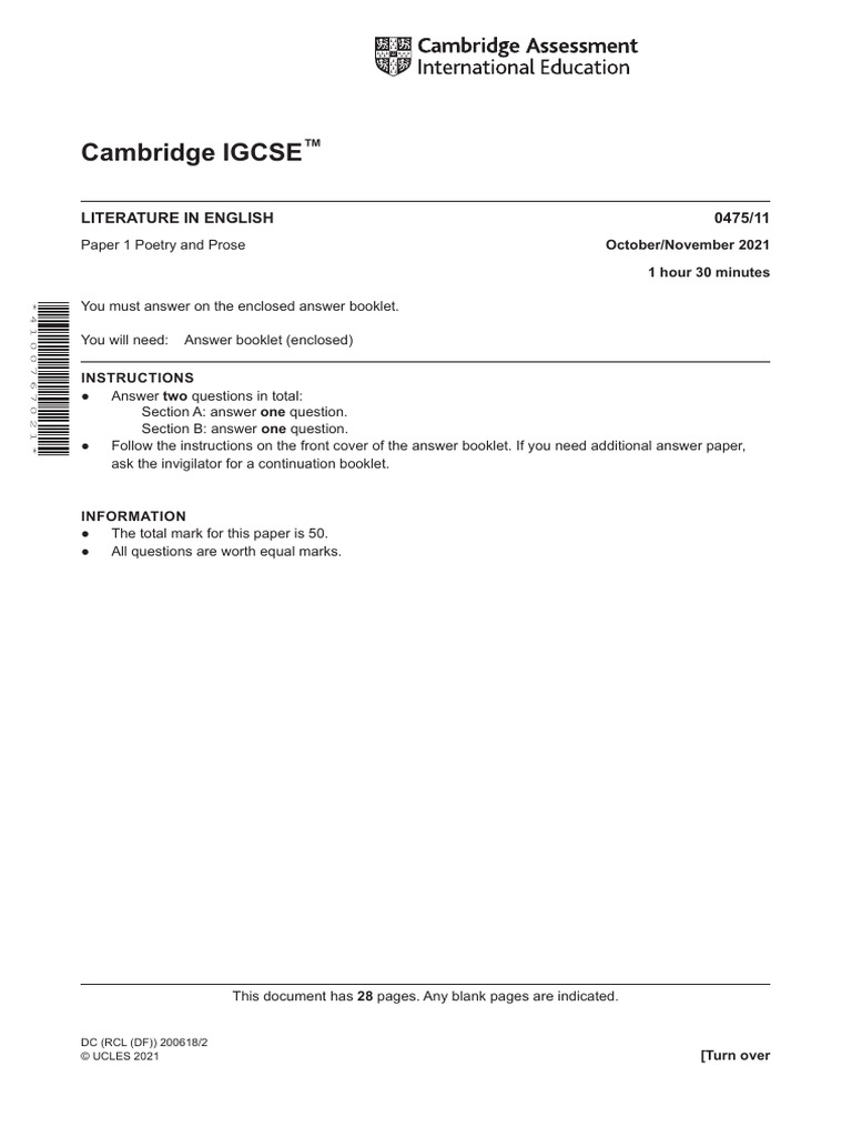 Cambridge IGCSE: Literature in English 0475/11 | PDF