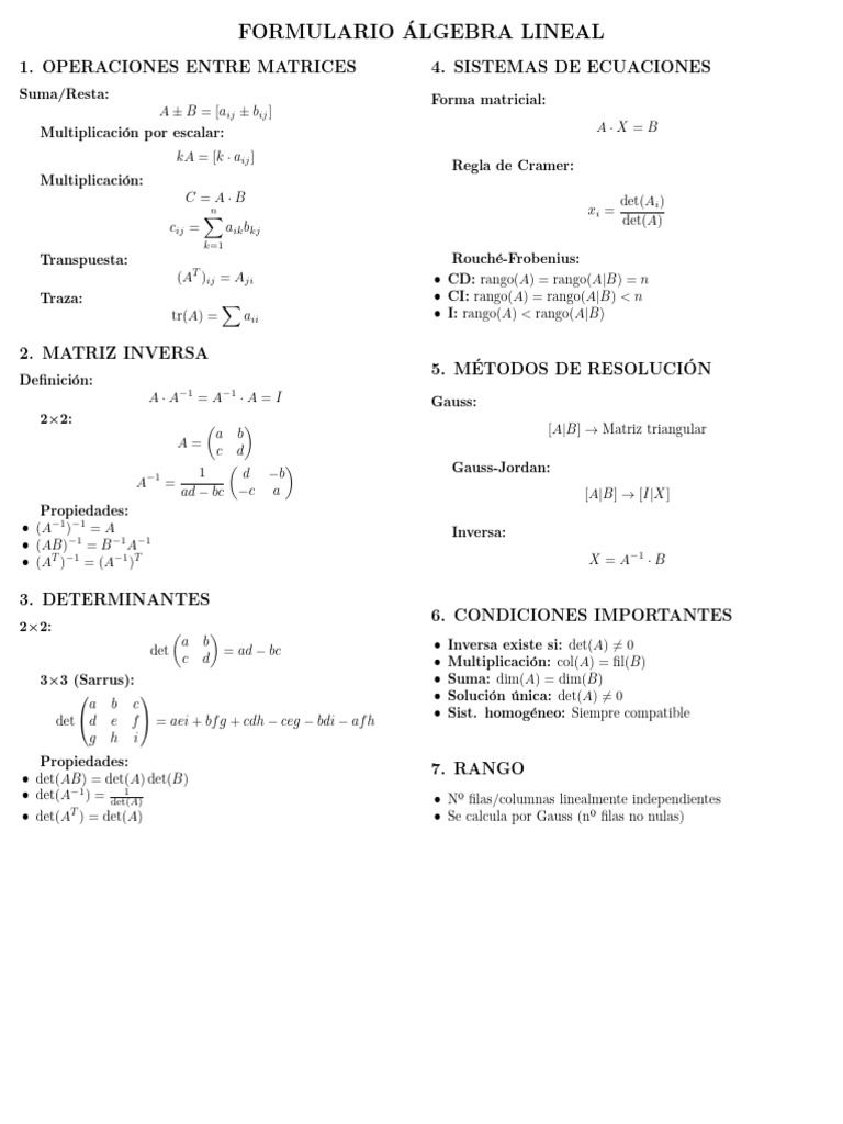 Formulario para Parcial 2 | PDF | Matriz (Matemáticas) | Conceptos matemáticos
