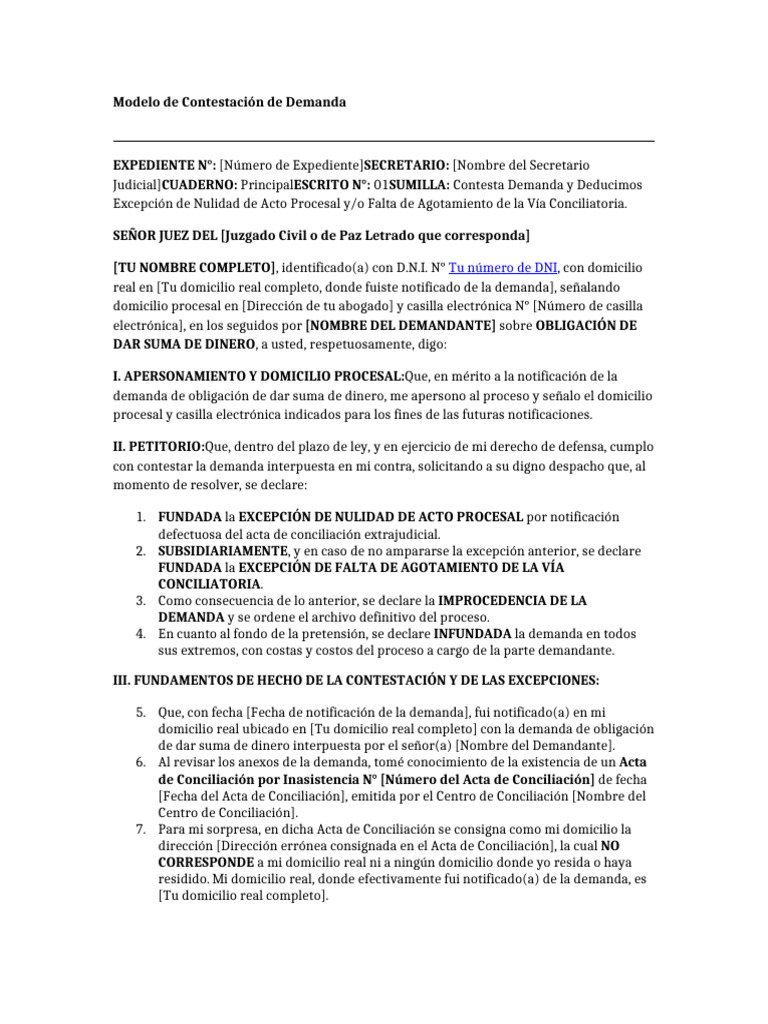 Contestación de Demanda y Excepciones Jurídicas | PDF | Demanda ...