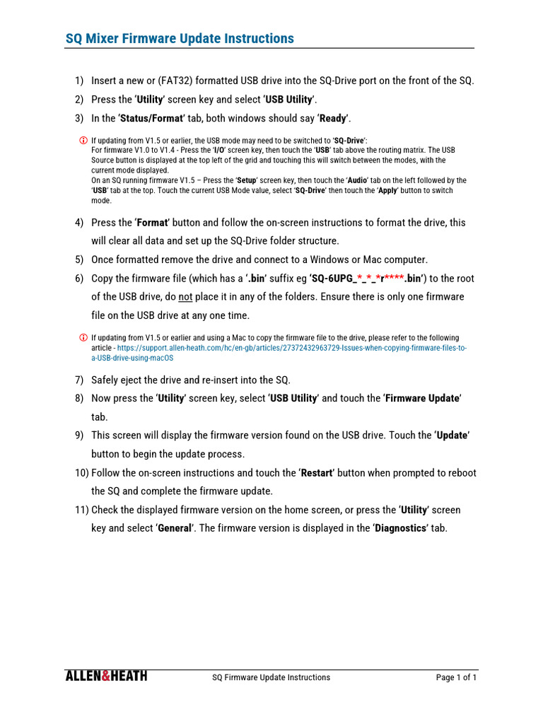 SQ Mixer Firmware Update Guide | PDF