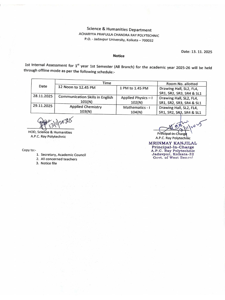 Routine S1 1st Internal Assessment 25-26 | PDF