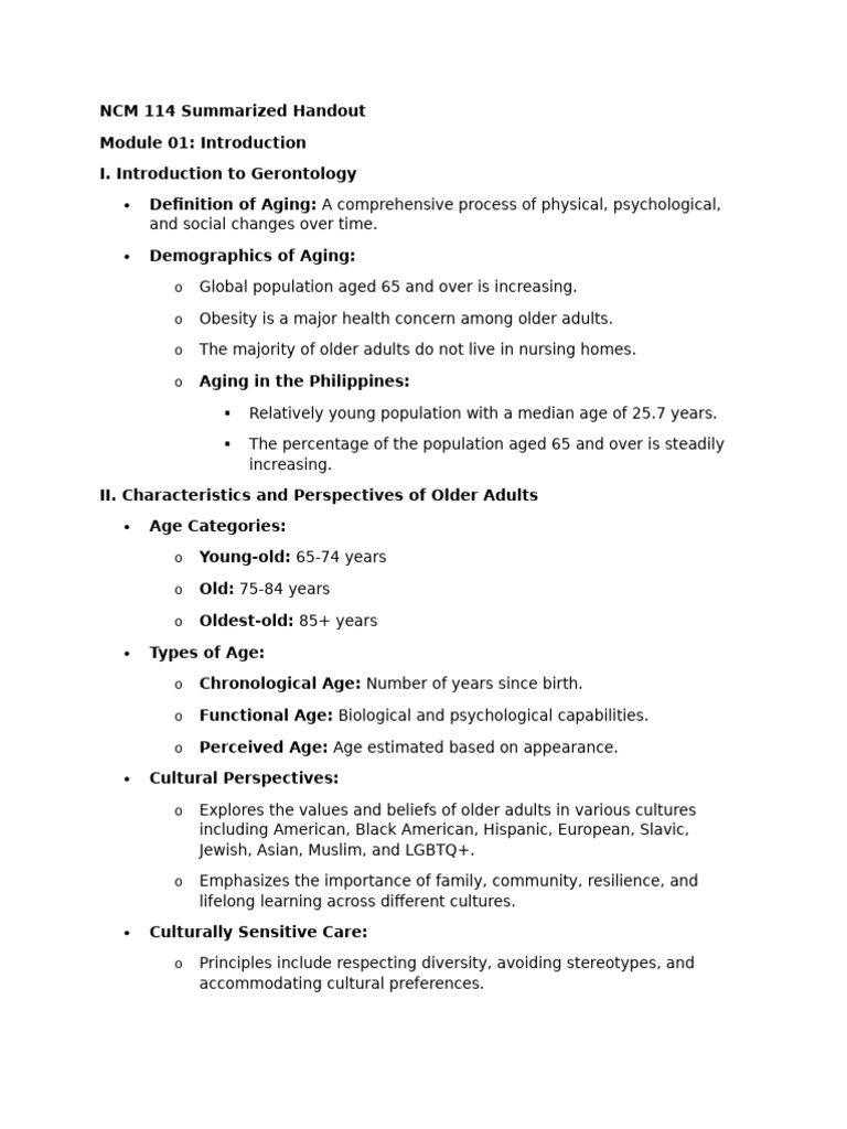 NCM 114 Summarized Handout For Module 1 and 2 | PDF | Senses | Ageing