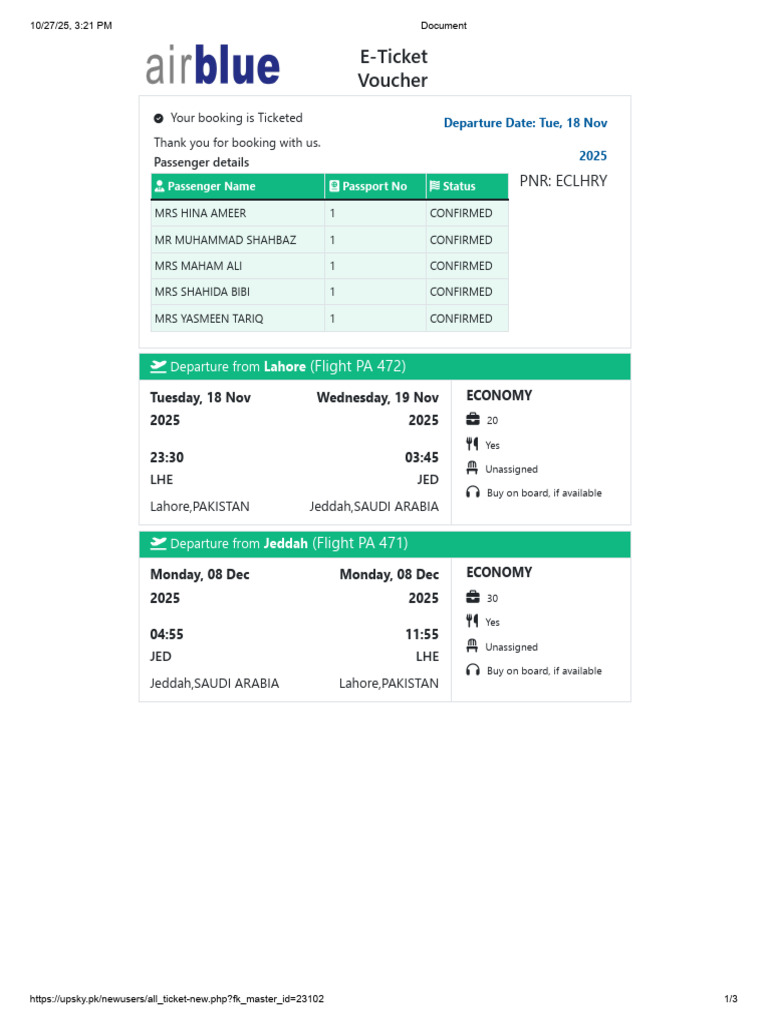 Lahore to Jeddah E-Ticket Confirmation | PDF | Pakistan