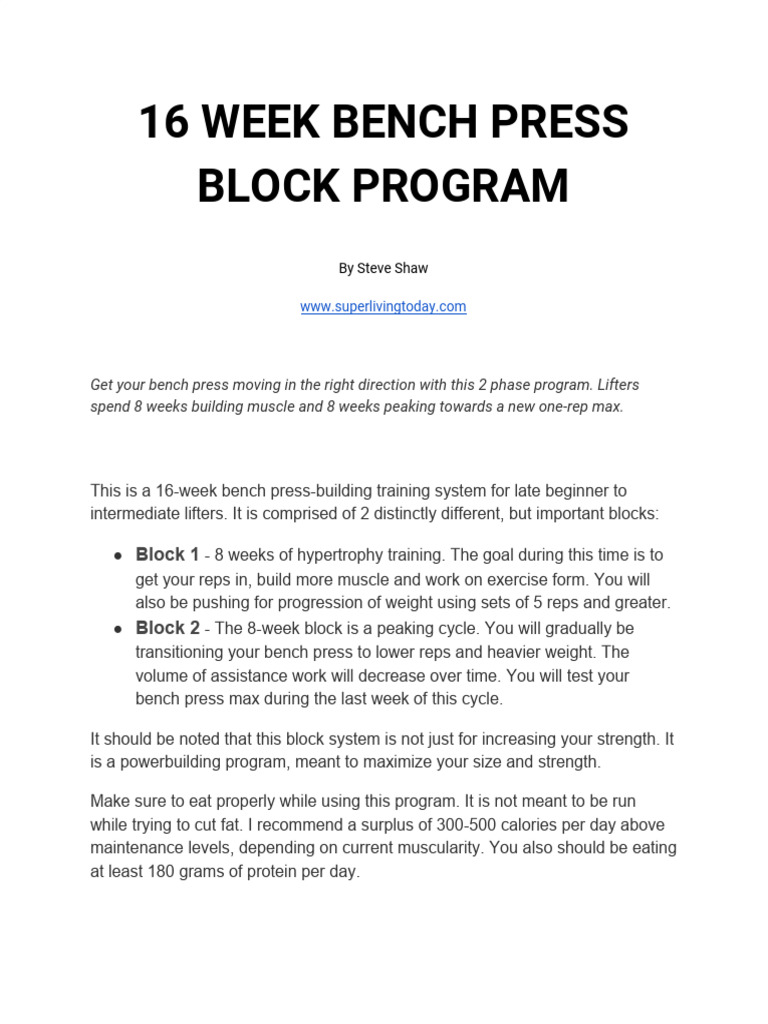 16-Week Bench Press Program Guide | PDF | Weight Training | Management ...