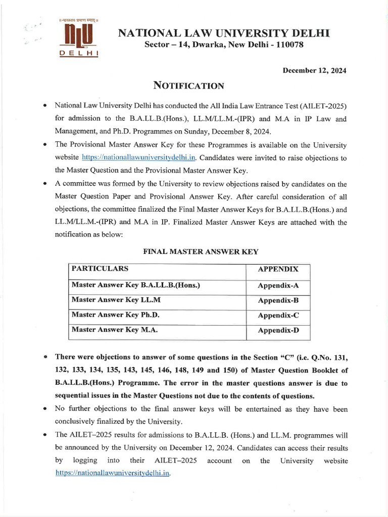 AILET 2025 Admission Test Answer Keys | PDF