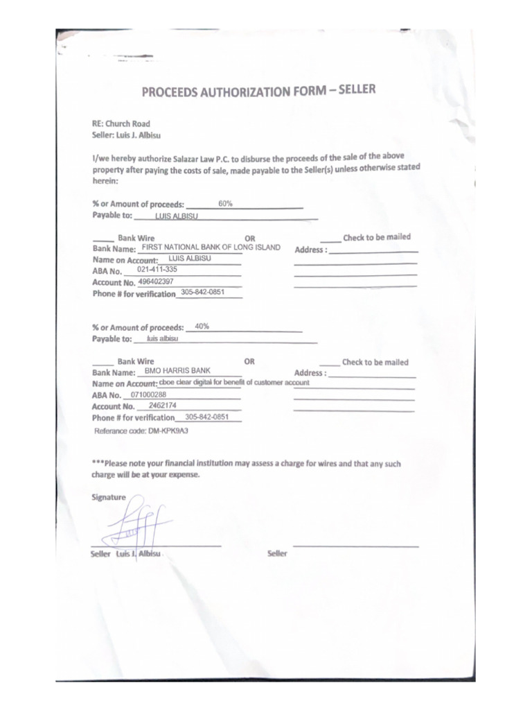 Proceeds Authorization Form - Seller | PDF