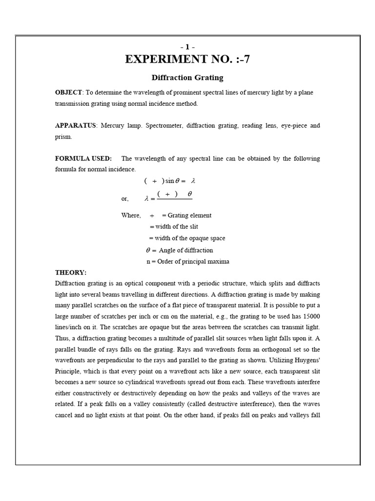 Exp. 7 (Diffraction Grating) | PDF | Diffraction | Wavelength