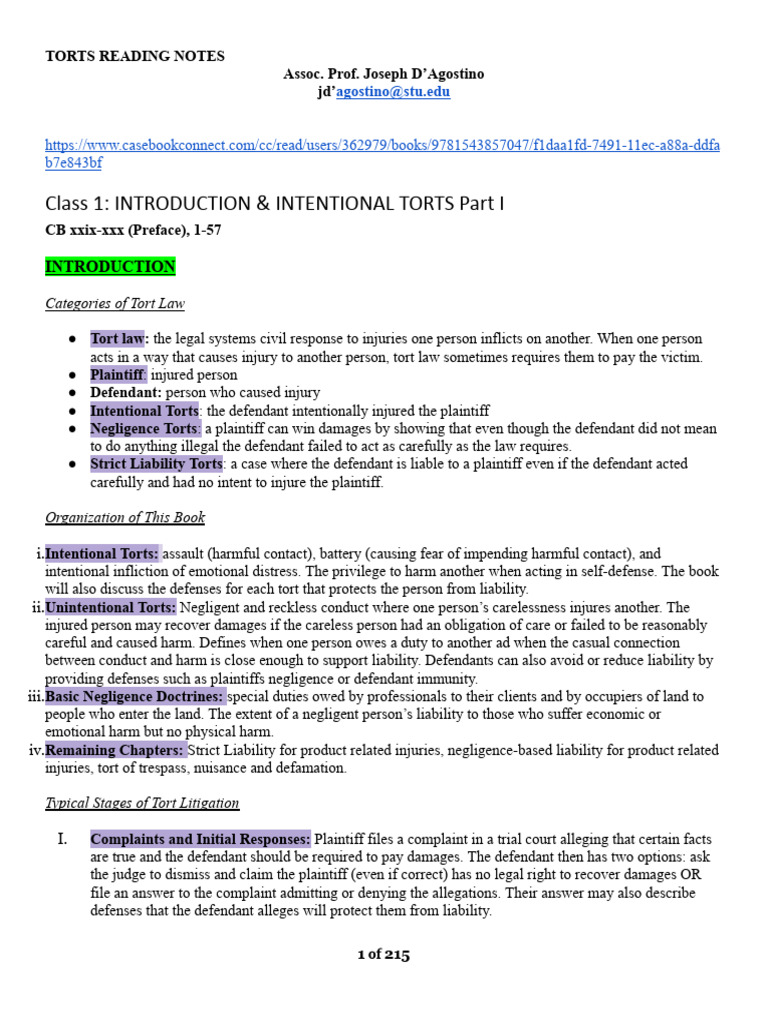 Torts Reading Notes | PDF | Tort | Damages
