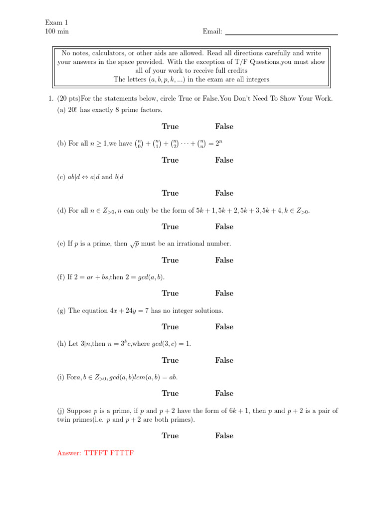 Exam 1 Answer | PDF | Discrete Mathematics | Number Theory
