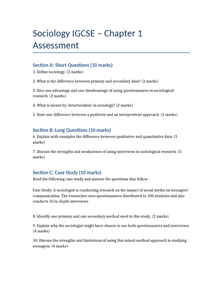 Sociology IGCSE Chapter1 Assessment | PDF | Qualitative Research ...