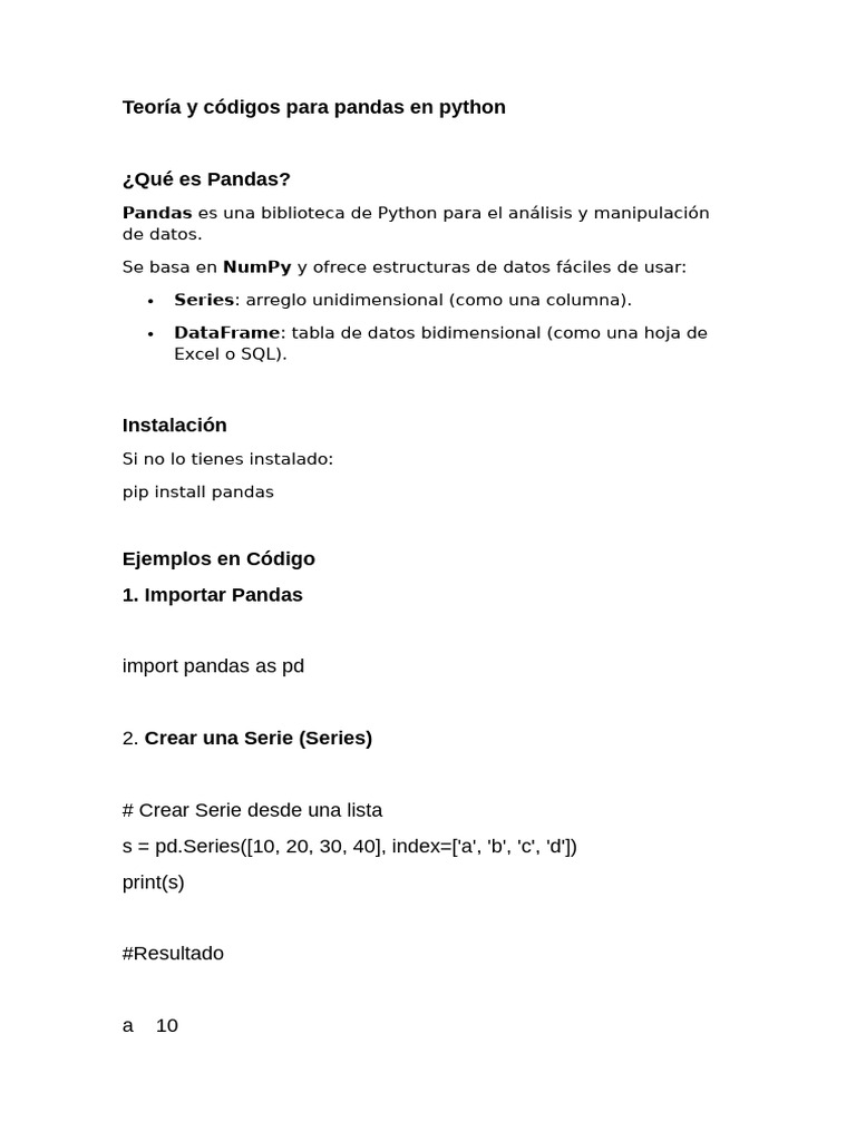 Teoría y Códigos para Pandas en Python | PDF | Python (lenguaje de programación) | Ingeniería de ...