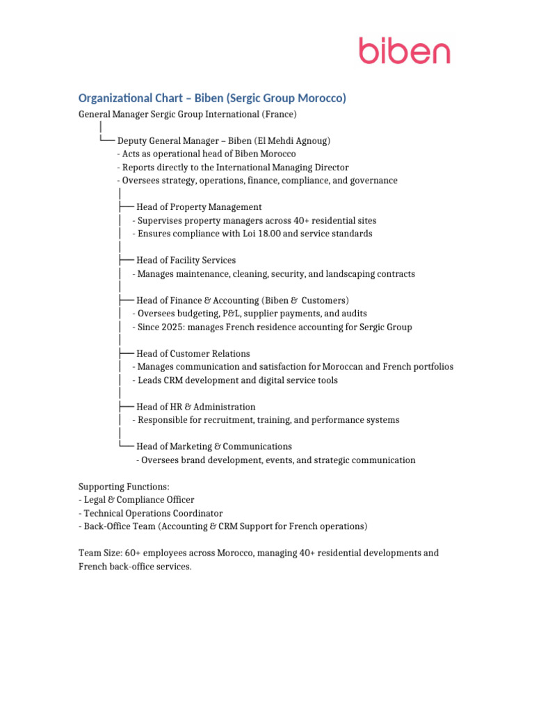 Organisational Chart Biben Sergic Group | PDF