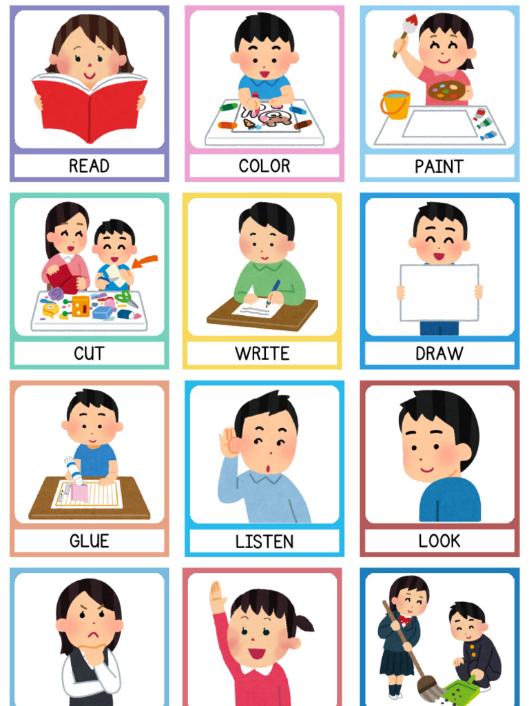 Classroom Actions Flashcards in Multicolor Watercolor Style | PDF