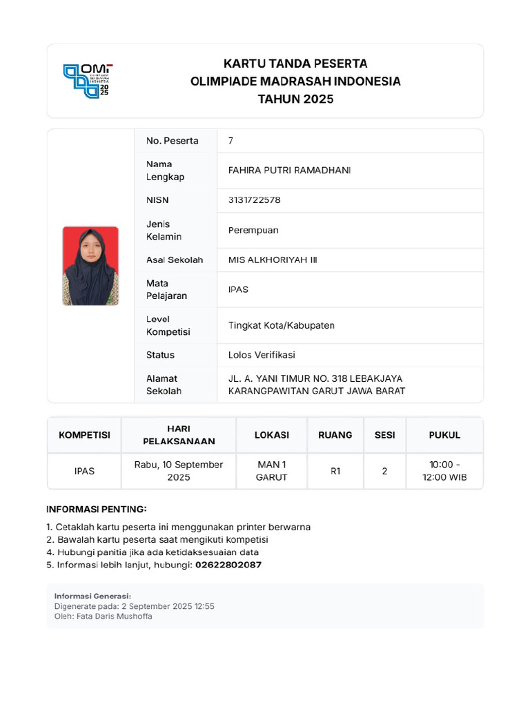 Kartu Peserta Fahira Putri Ramadhani 2025-09-09 | PDF