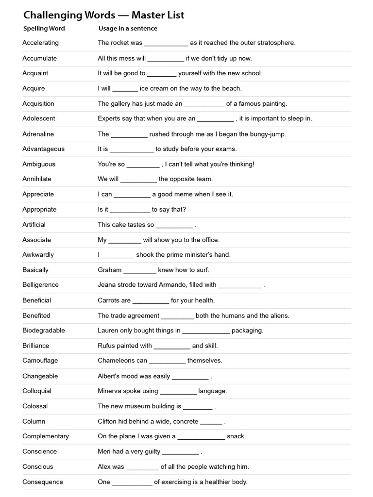Master List of Challenging Words | PDF