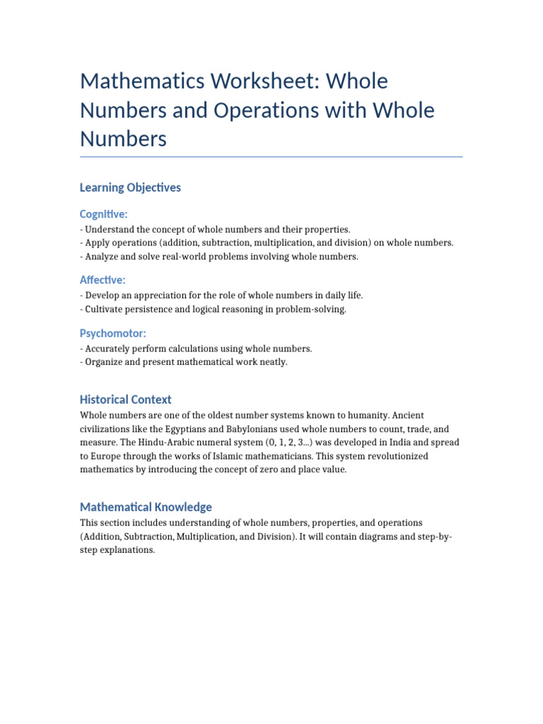 Whole Numbers Worksheet | PDF