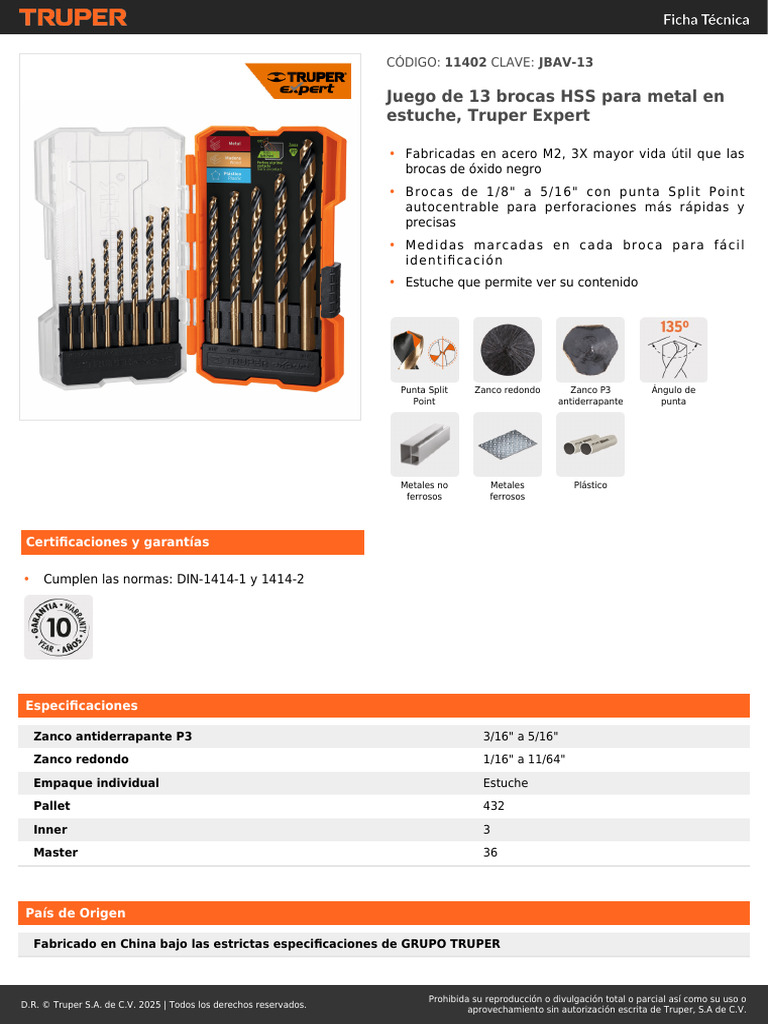 11402-Juego de Brocas Truper | PDF | Materiales de construcción ...