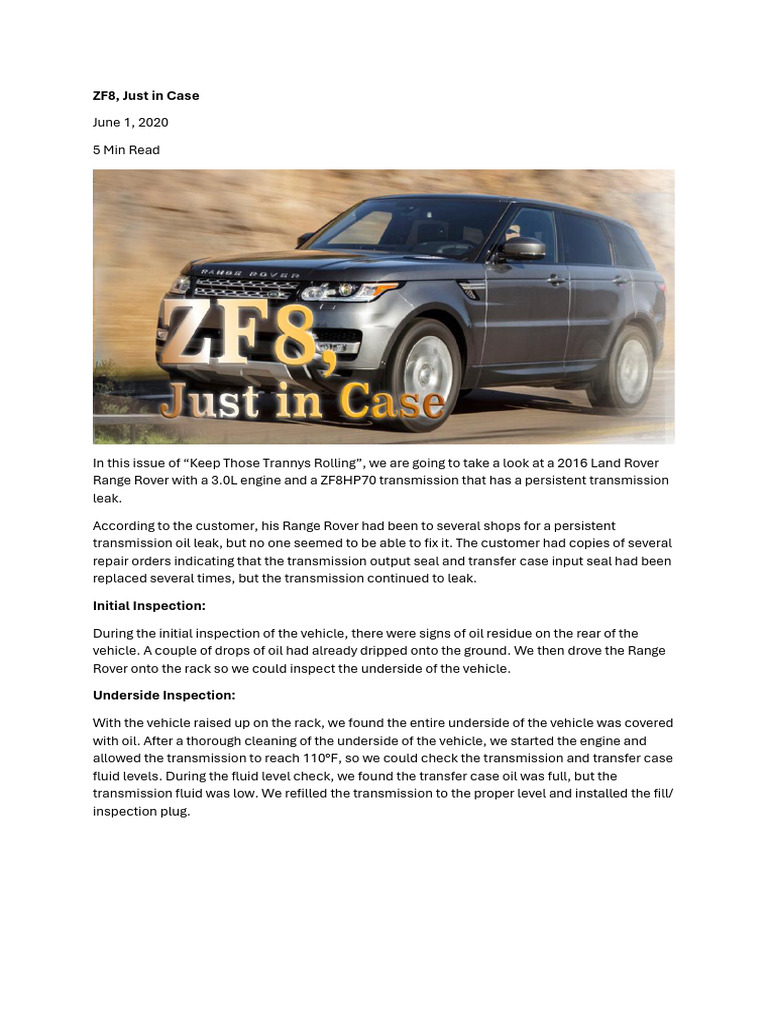 And Rover Range ZF8HP70 Transmission | PDF | Leak | Mechanical Engineering