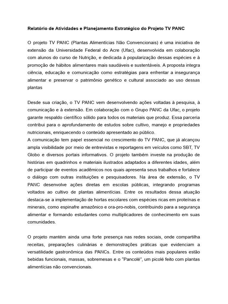 Relatório de Atividades e Planejamento Estratégico do Projeto TV PANC | PDF | Agricultura | Science