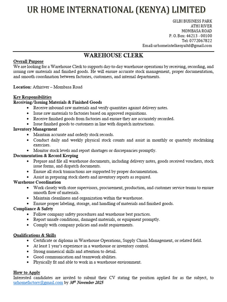 Warehouse Clerk Job Opening in Athiriver | PDF | Warehouse | Inventory