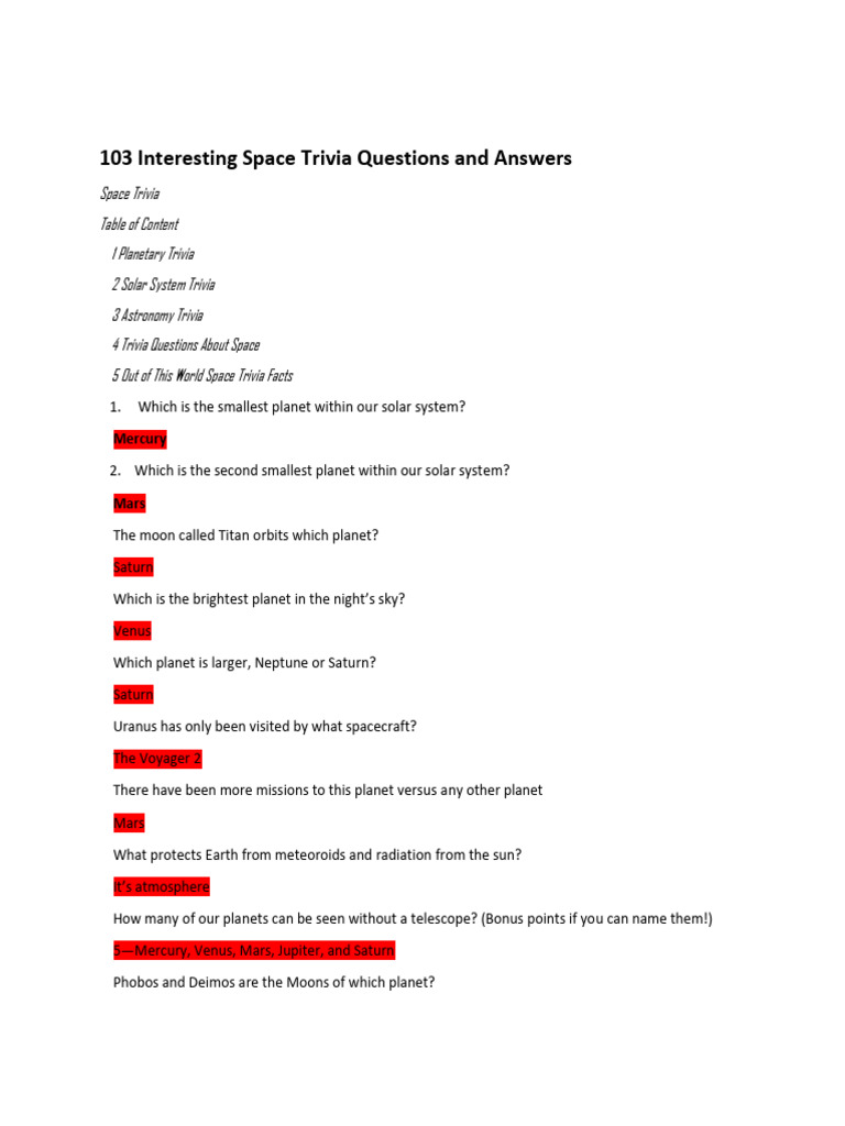 Fun Space Trivia Questions & Answers | PDF | Planets | Solar System