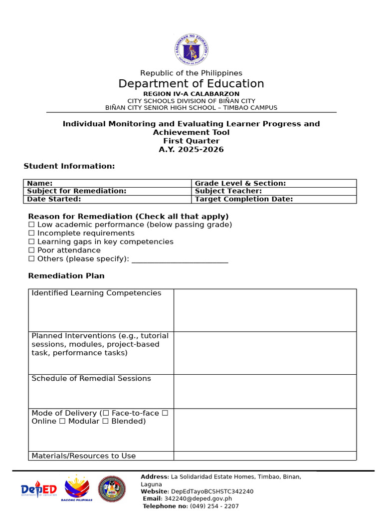 Individual Monitoring and Evaluating Learner Progress and Achievement ...