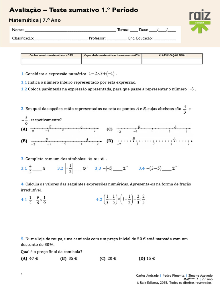 Mat7 Teste Sumativo1p | PDF