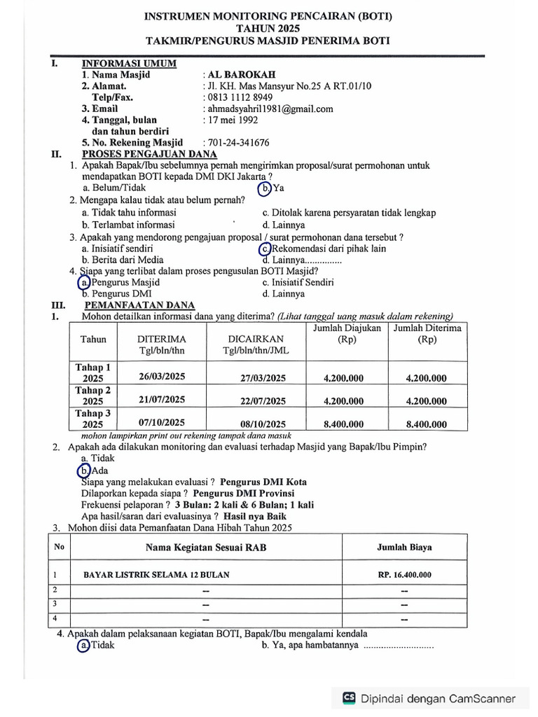 Contoh Pengisian Instrumen Monitoring Masjid Th.2025 | PDF