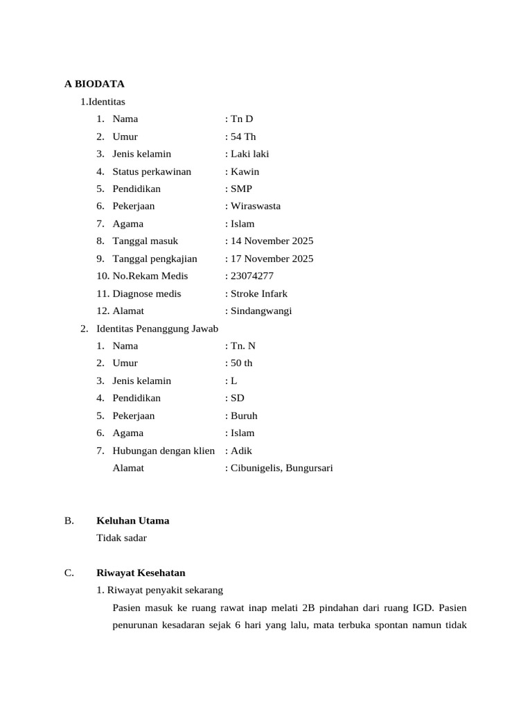 Biodata Pasien Stroke Infark dan Analisis Keperawatan | PDF