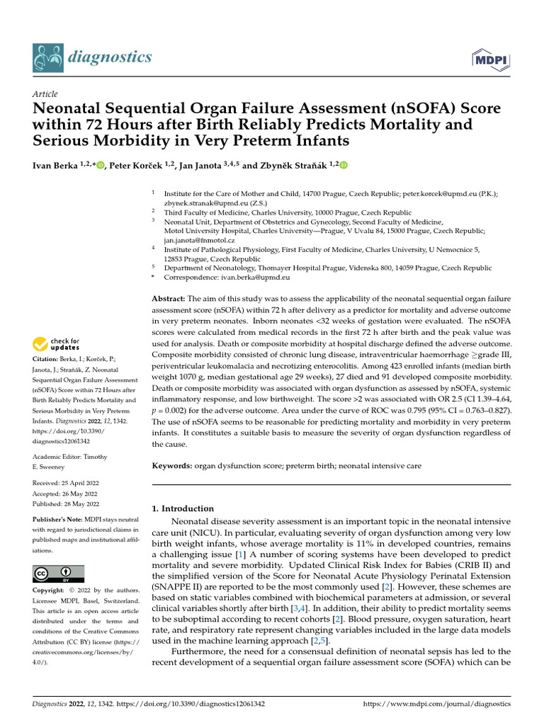 nSOFA Score Predicts Mortality in Preterm Infants | PDF | Receiver ...