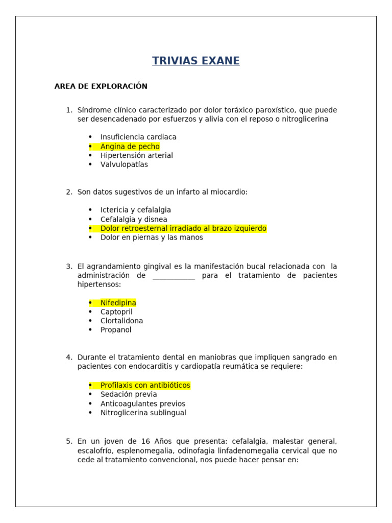 TRIVIAS EXANE | PDF | Enfermedades y trastornos | Especialidades Medicas