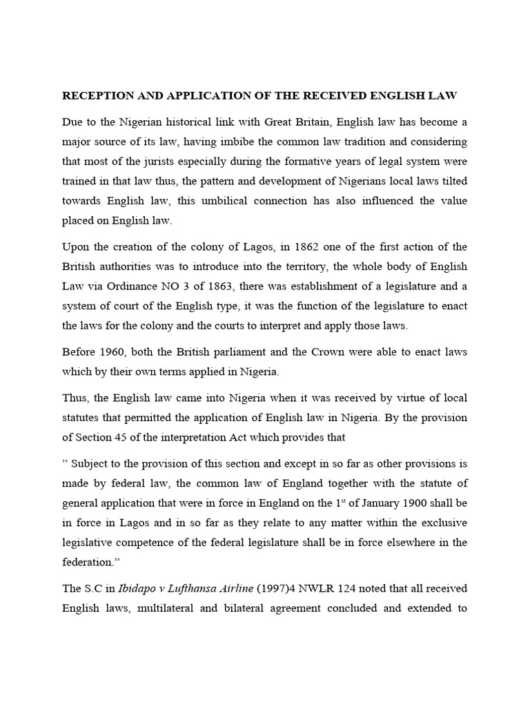 Reception and Application of The Reception English Law MRS Ade | PDF ...