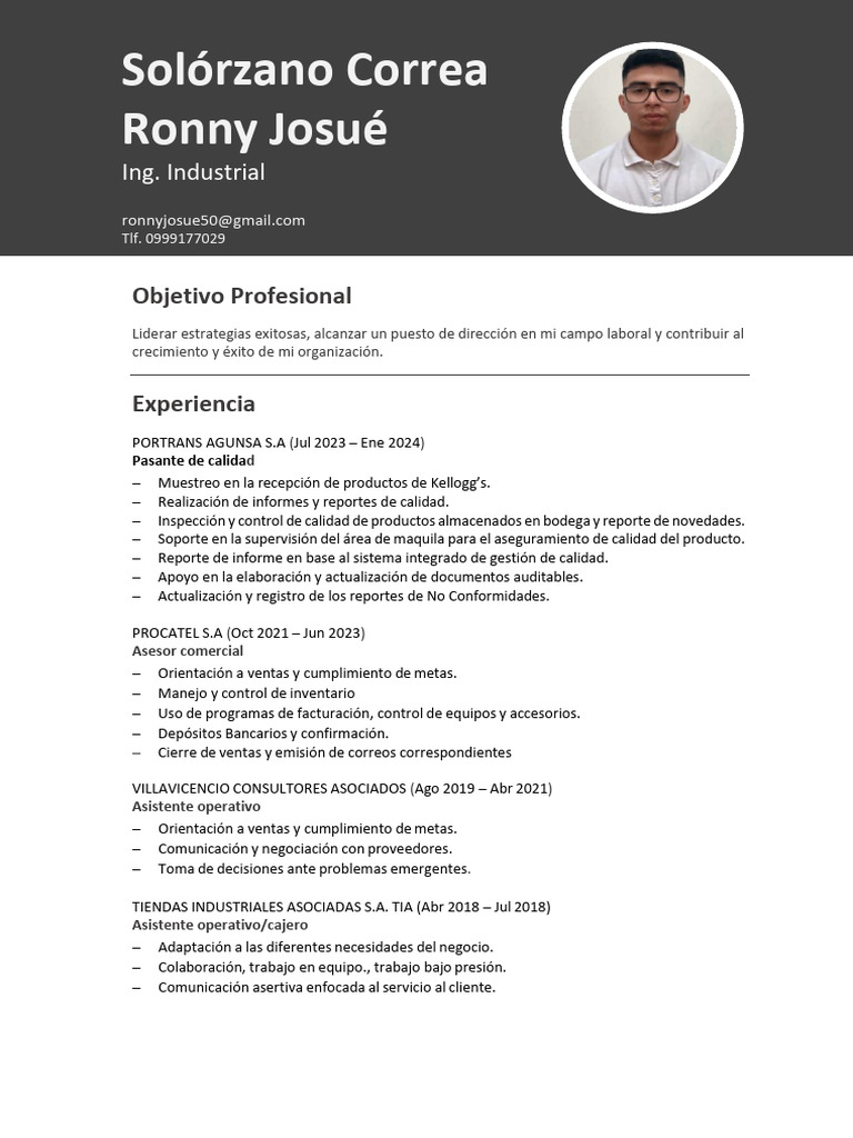 Cv Ronny Solorzano | PDF | Calidad (comercial) | Estadísticas