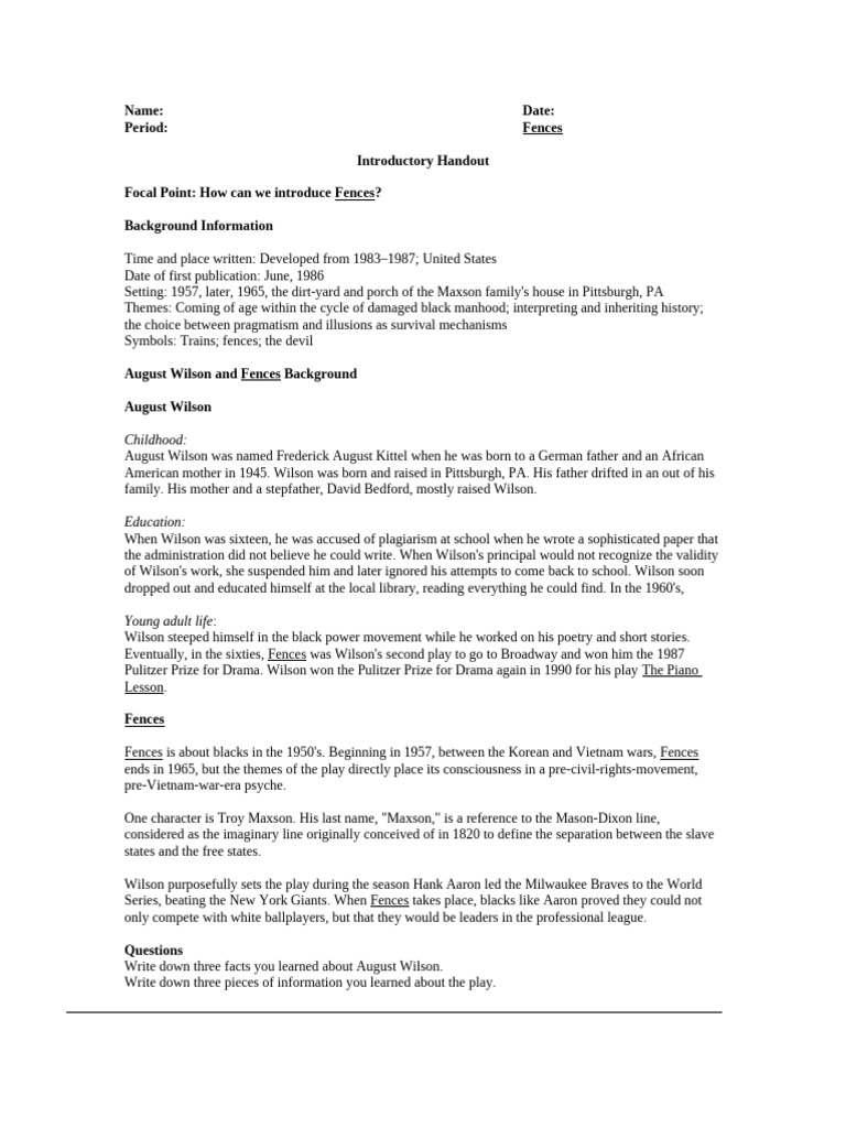 Understanding August Wilson's Fences | PDF