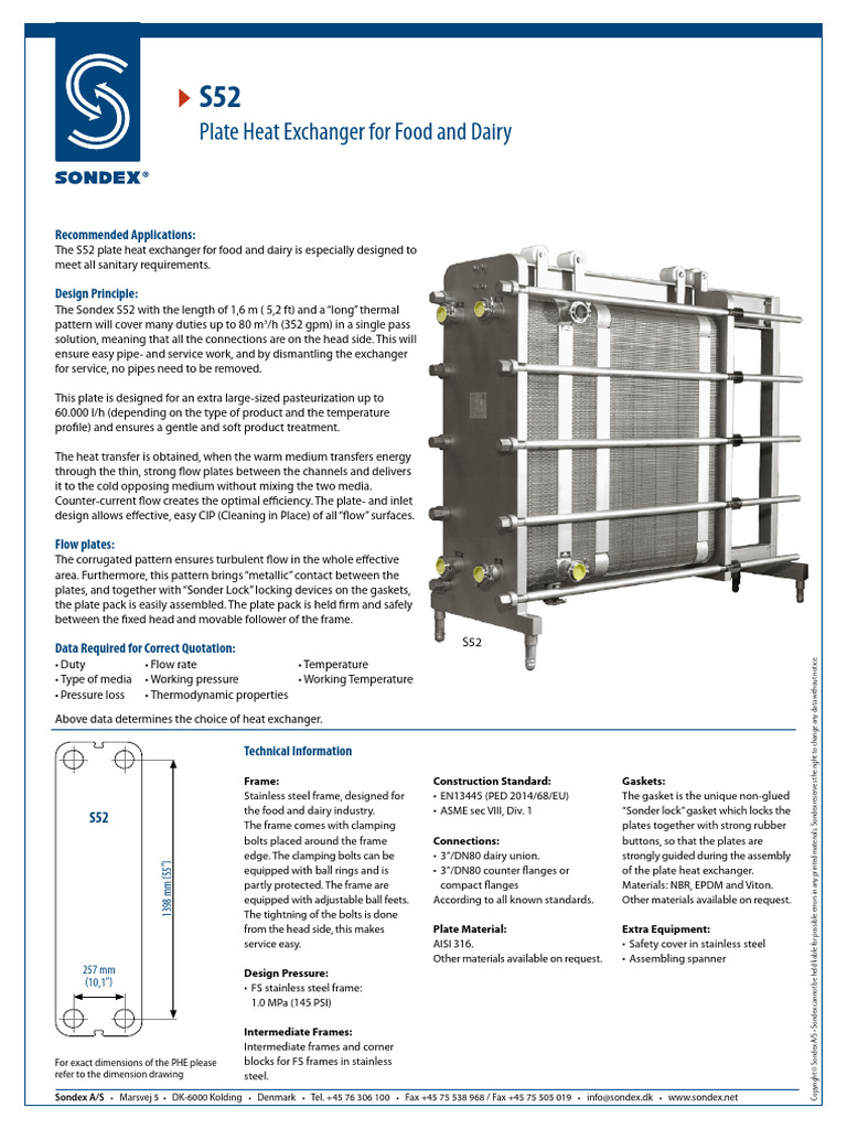 S52 DataSheet Food and Dairy en | PDF | Heat Exchanger | Mechanical ...