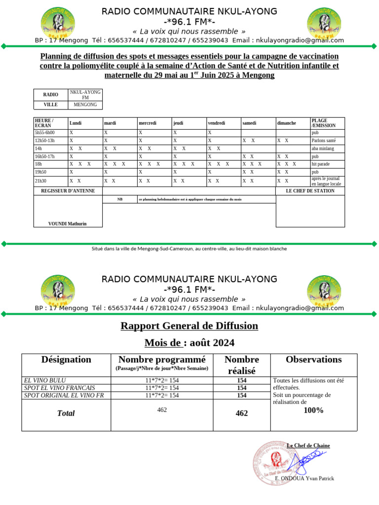 Rapport de Diffusion Radio Nkul-Ayong | PDF | Média de masse
