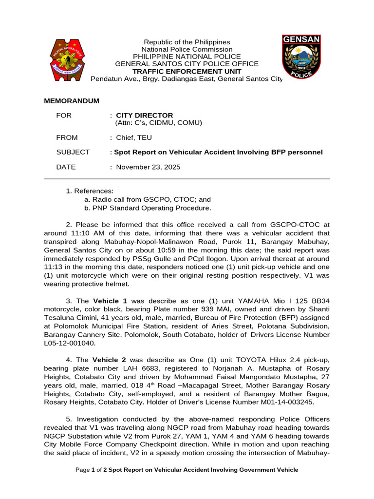 Corrected Spot Report VA Involving BFP Personnel FATALPS9 Mabuhay11!23 ...