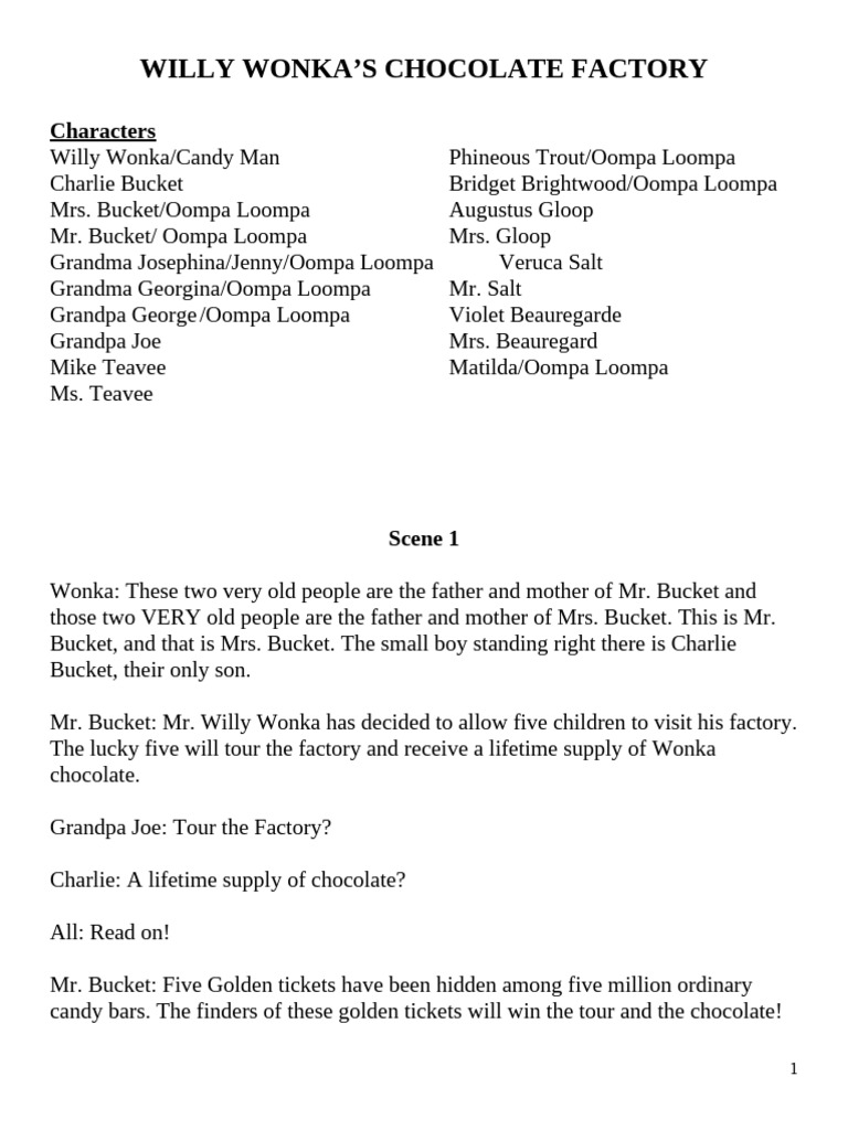 Willy Wonka's Chocolate Factory Script | PDF | Sugar Confectionery ...
