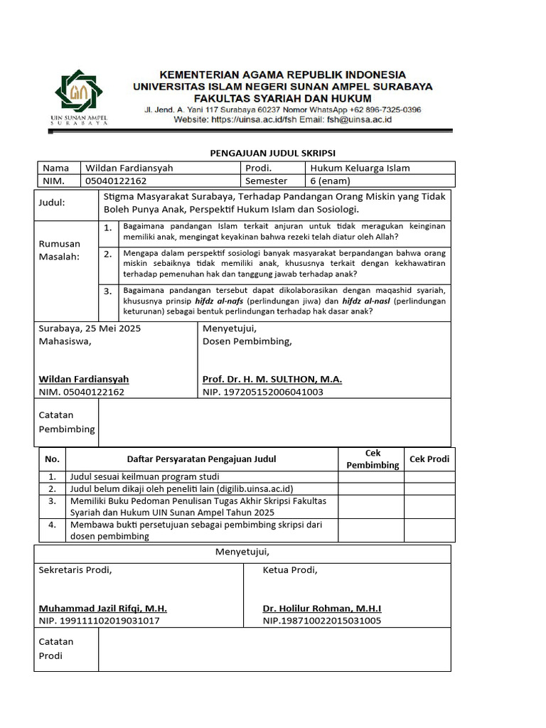 Lampiran 1 Pengajuan Judul Skripsi Wildan 1 | PDF