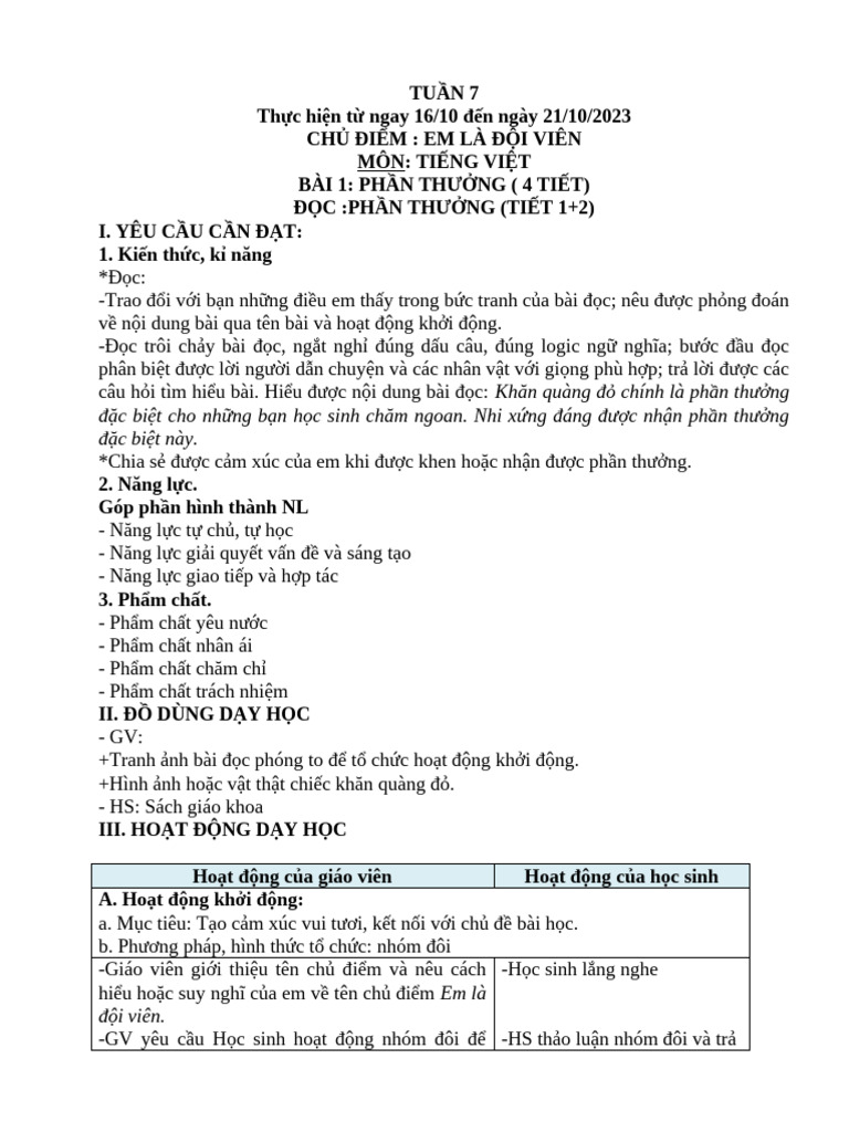 KHBD LOP 3A2 TUAN 7-8 2023-2024 | PDF