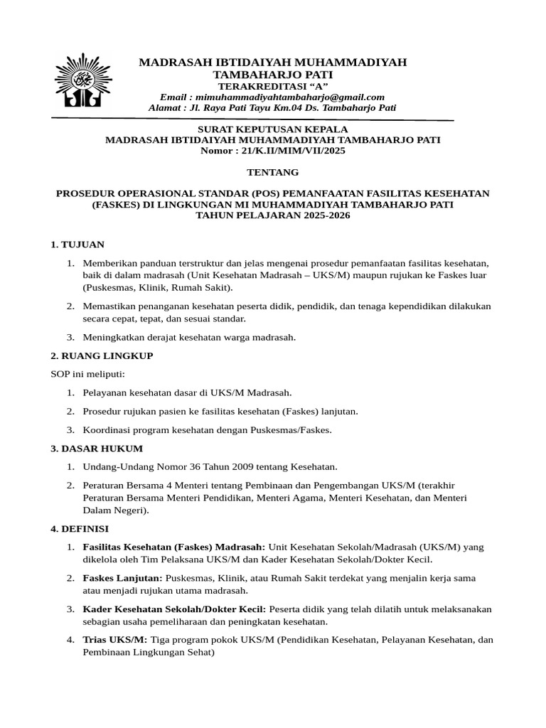 SOP Fasilitas Kesehatan MI Muhammadiyah | PDF
