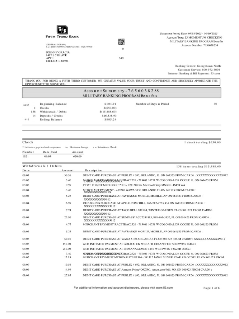 Fifth Third Bank Bank Statement | PDF