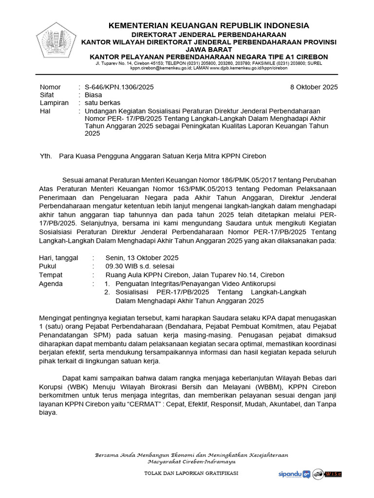 Undangan Kegiatan Sosialisasi Peraturan Direktur Jenderal ...