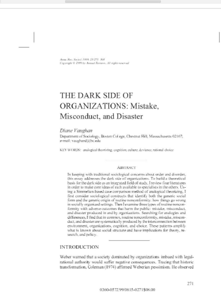 The Dark Side of Organizations Mistake, Misconduct and Disaster | PDF