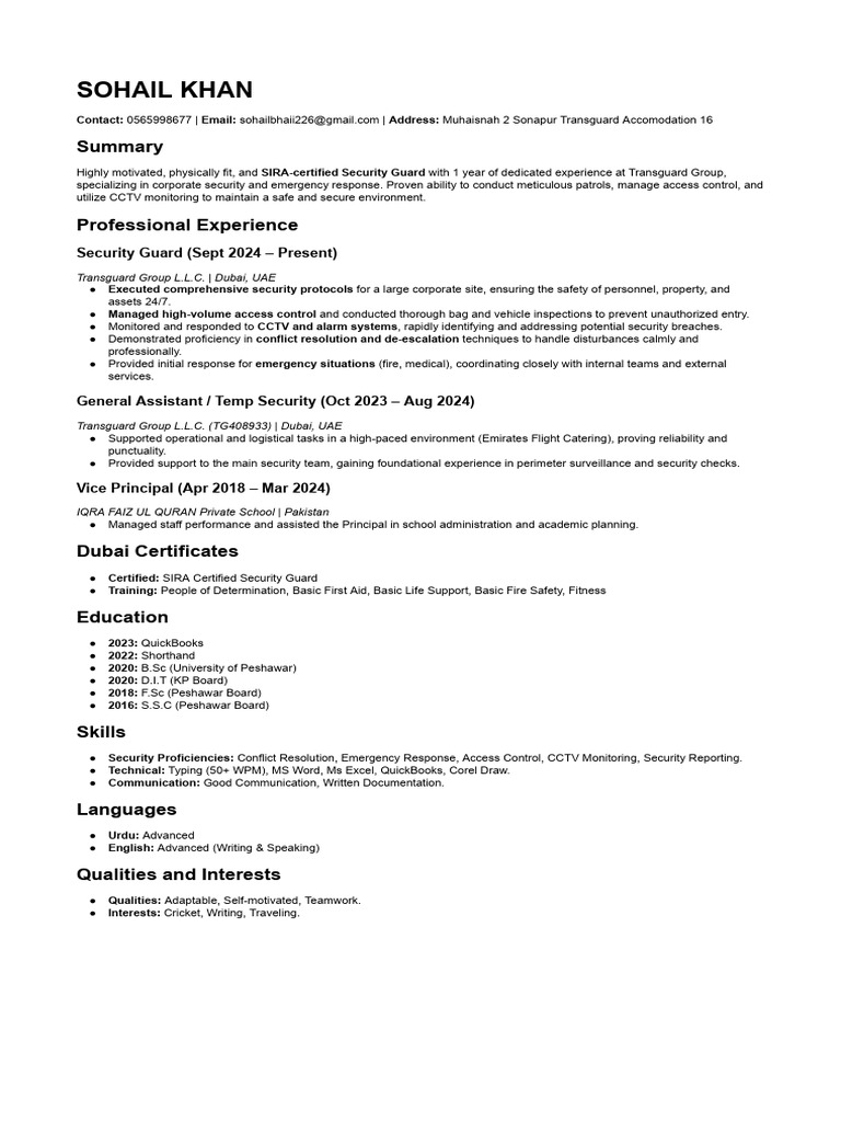 SIRA-Certified Security Guard Resume | PDF | Security Guard | Securities